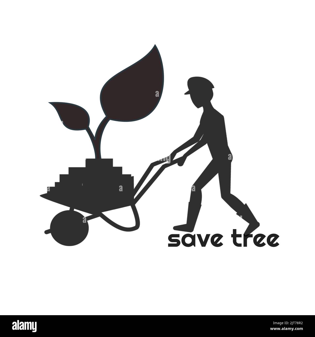 A 'Save tree' phrase near a man carrying a wheelbarrow with soil Stock ...