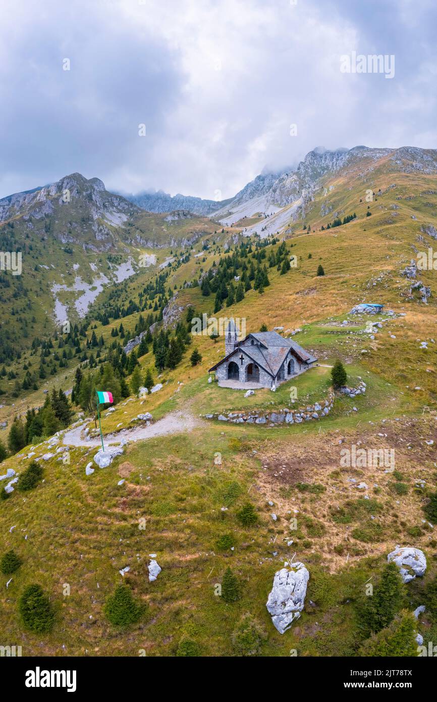 Aerial view of the Chiesetta degli Alpini church and Cima Moren of ...