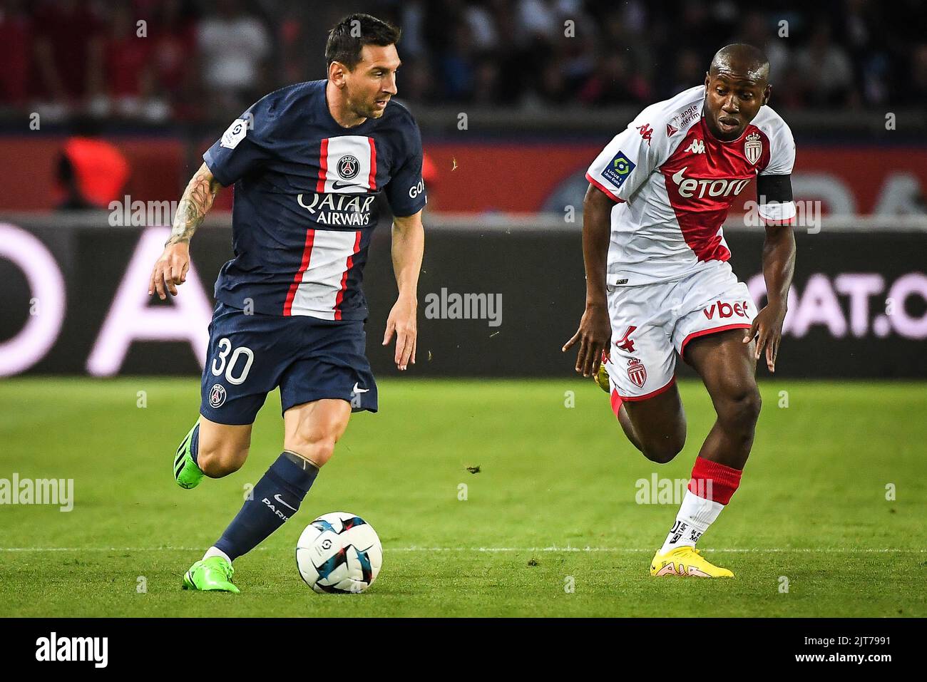 Paris, France. 28th Aug, 2022. Lionel (Leo) MESSI of PSG and Mohamed ...