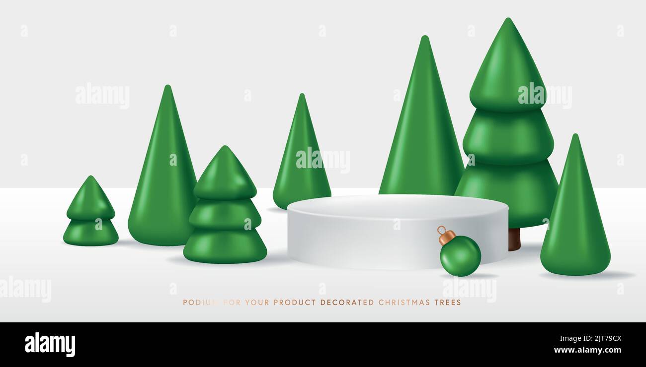 Podium for your product decorated Green Christmas trees. Realistic ...