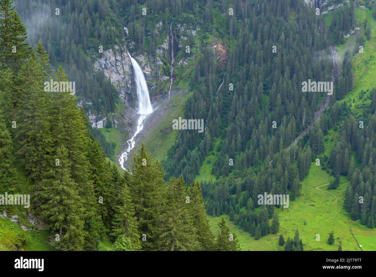 Typical alpine landscape with waterfalls (Niemerstafelbachfall), Swiss ...