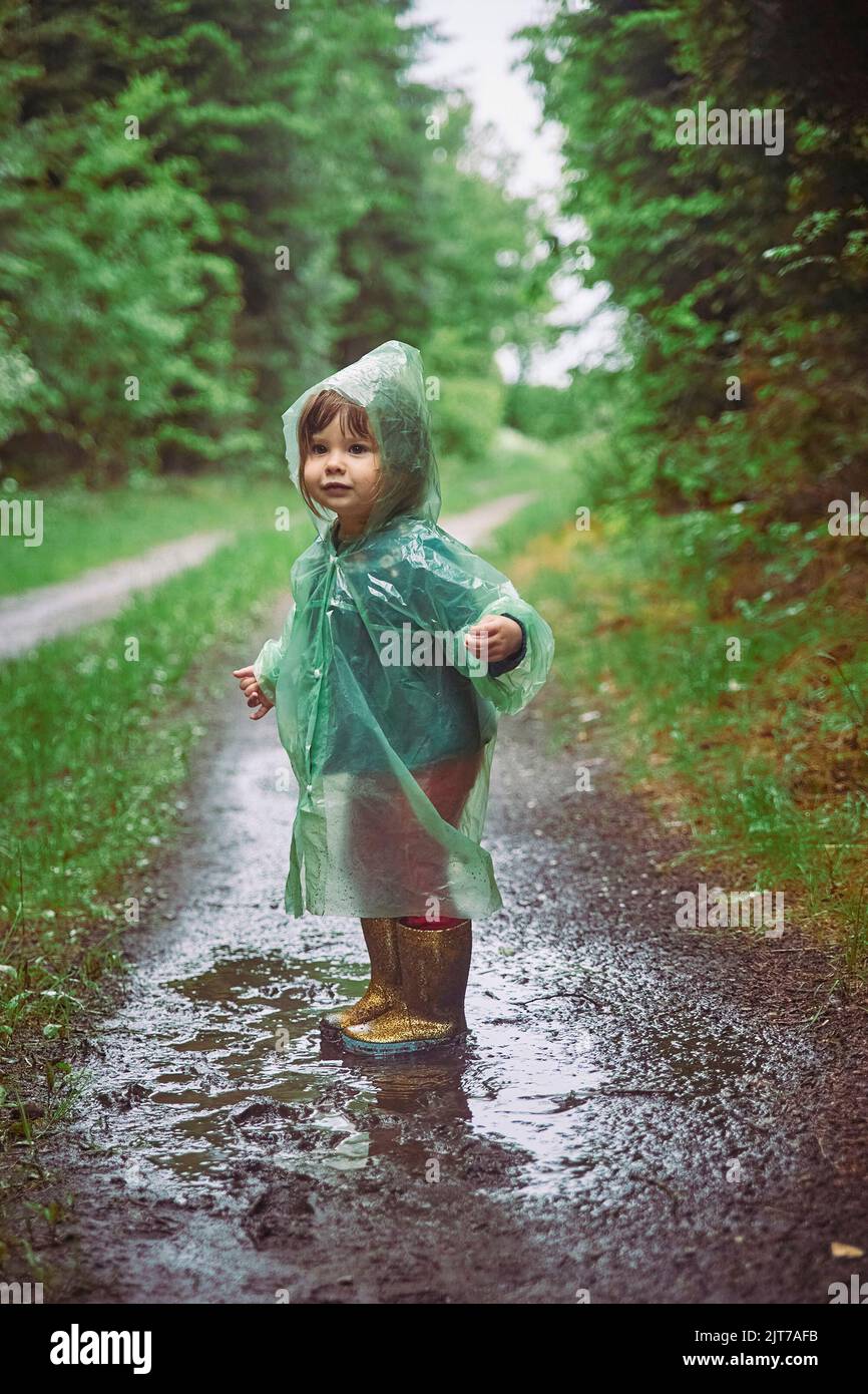 Charming child in raincoat in the evening forest in Denmark Stock Photo ...