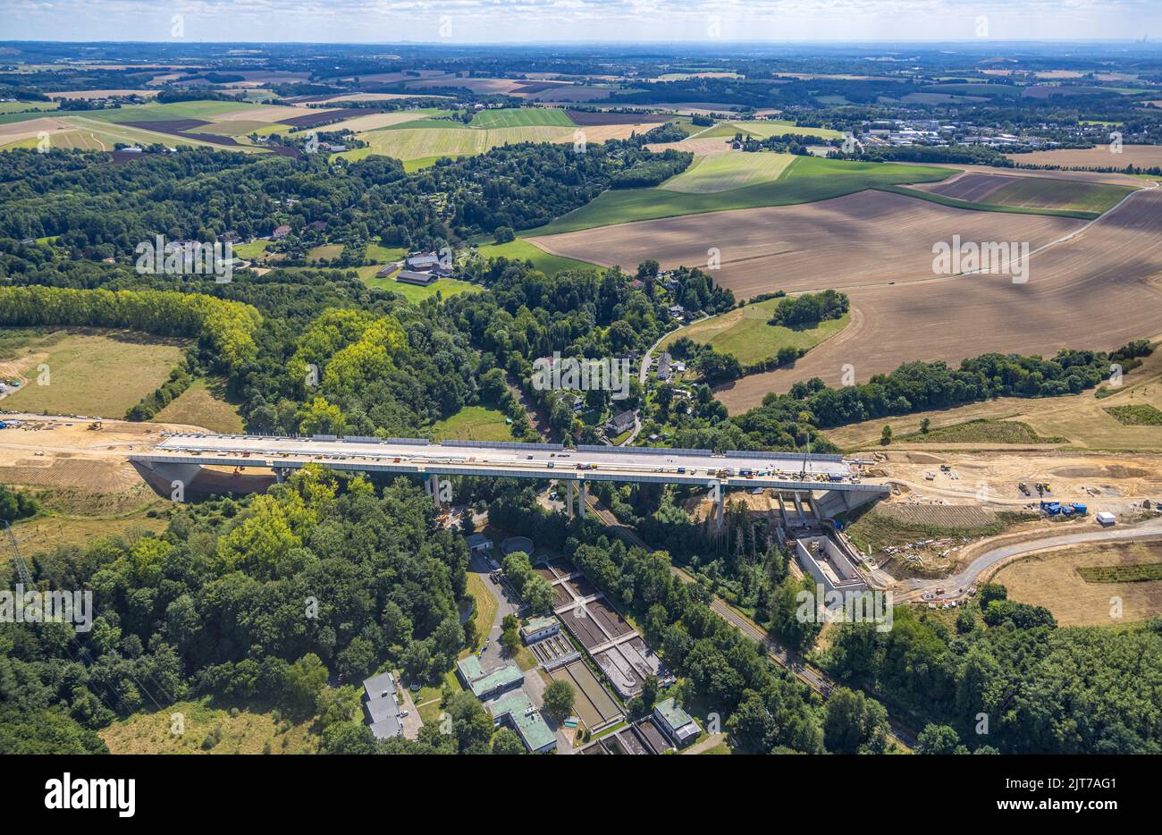 Aerial view, construction site Angerbachtalbrücke, new freeway section ...