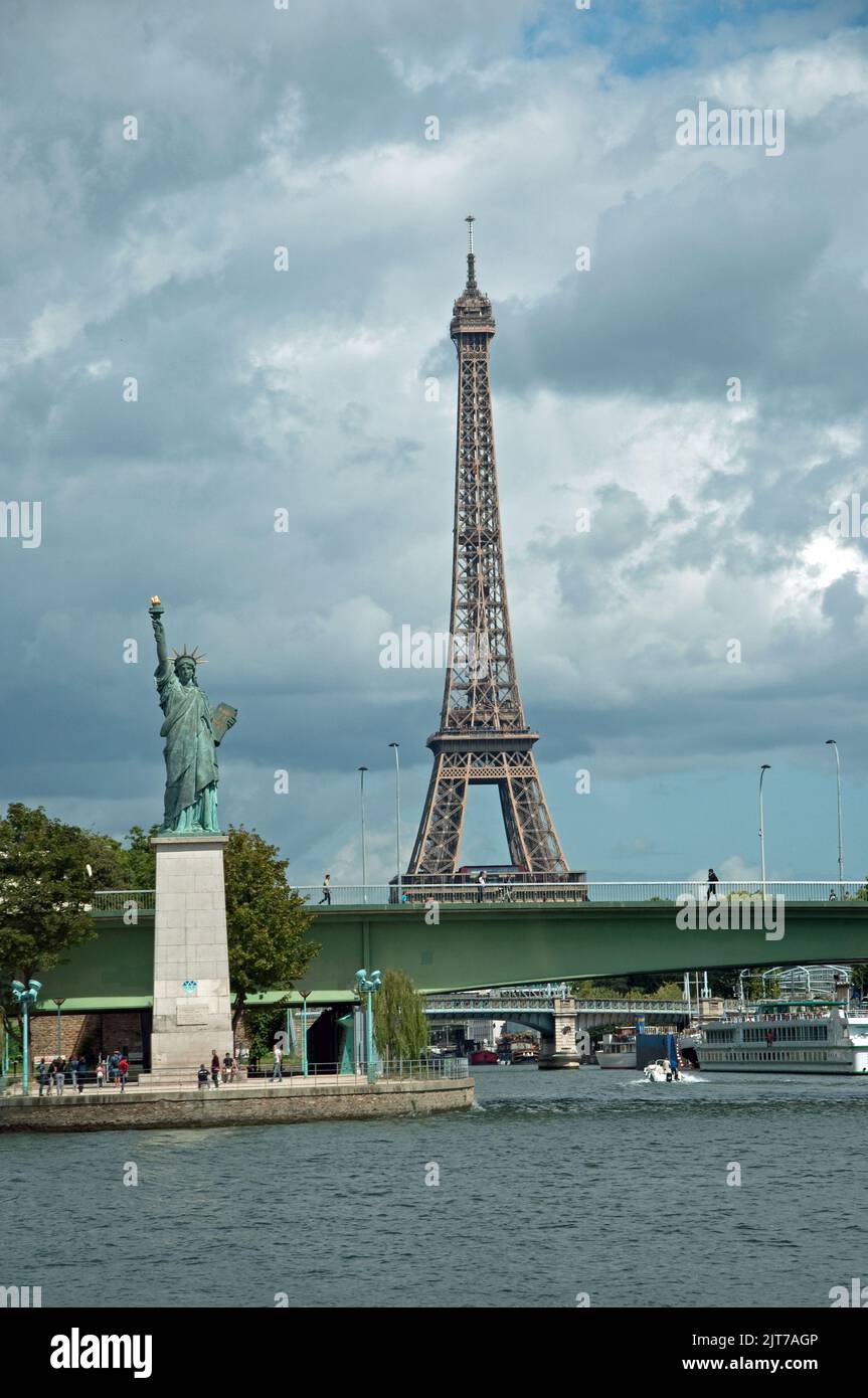 Statue of Liberty and the Eiffel Tower, Paris, France. The Satue of ...