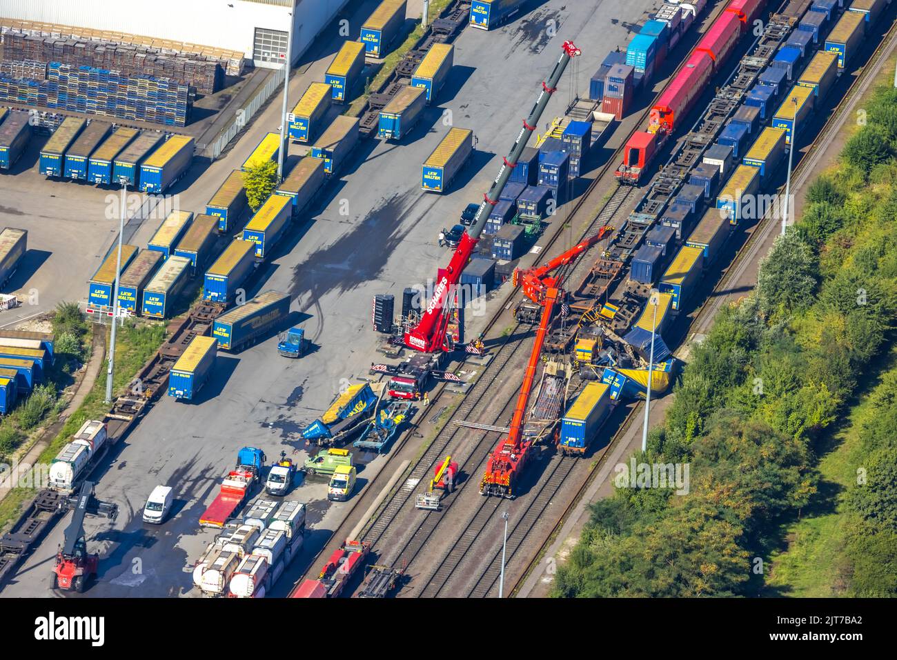 Aerial photo, freight train accident, freight train hits a second ...