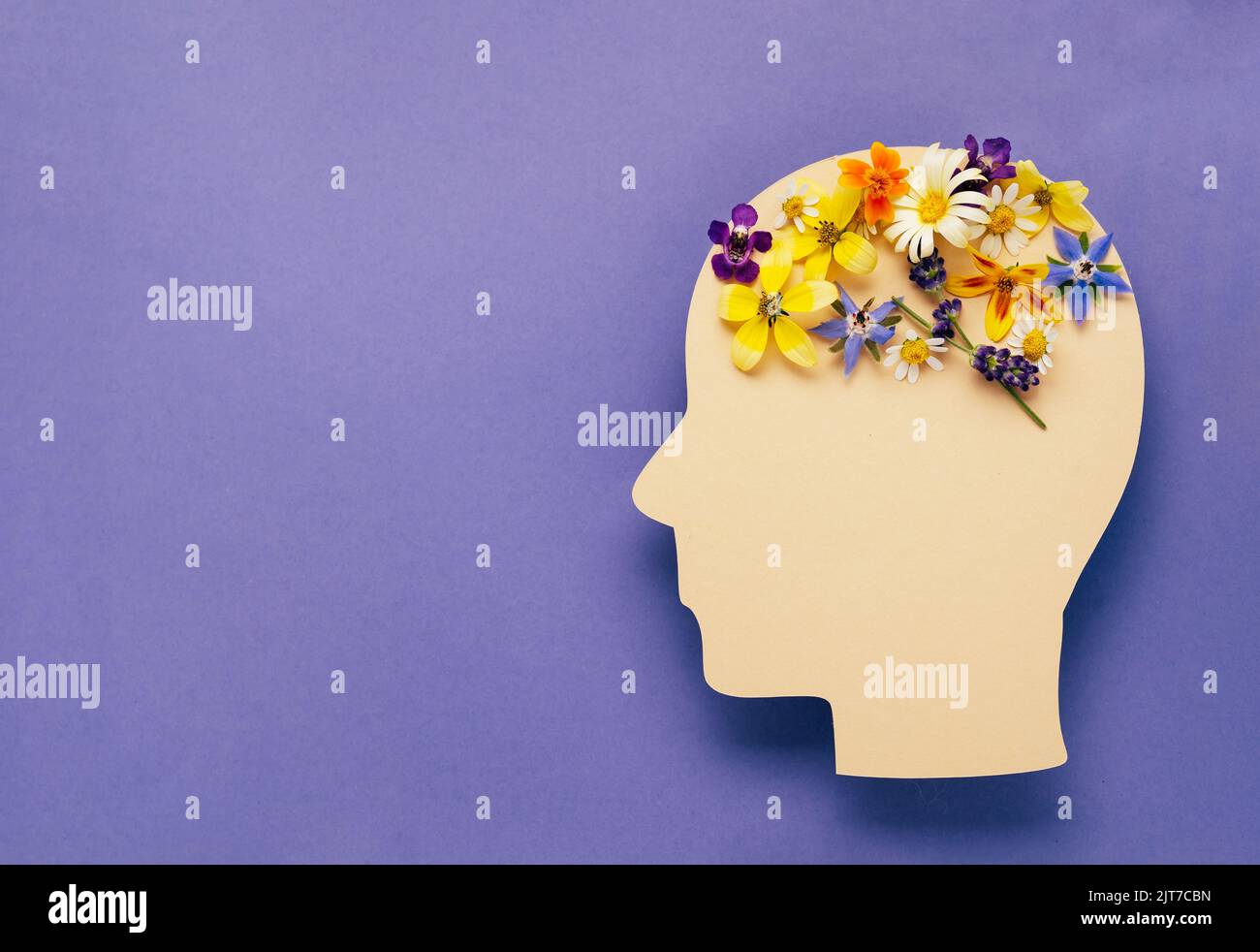 World mental health day concept. Human head symbol and flowers on a ...