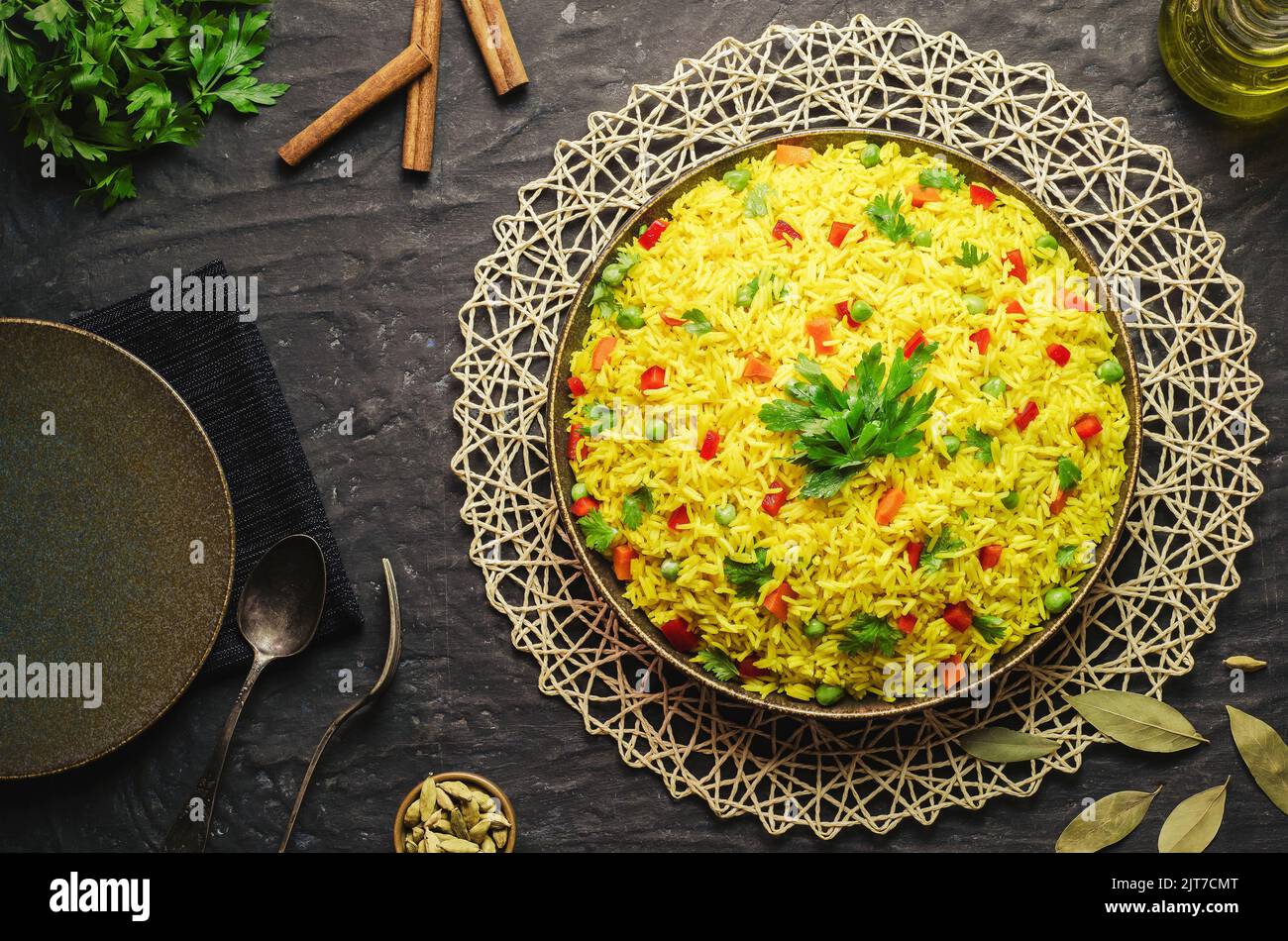 Arabic cuisine; Traditional Arabic Basmati rice with vegetables. Close ...