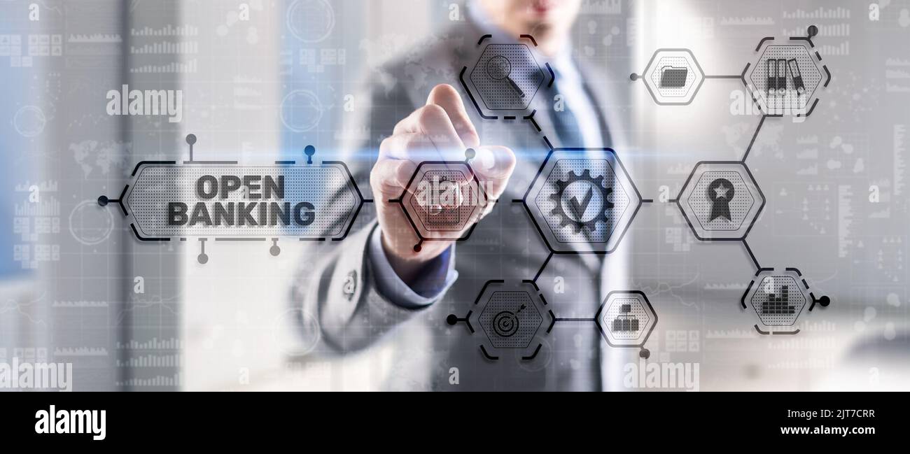 Open Banking Online Finance Concept. Man clicks on a virtual screen ...