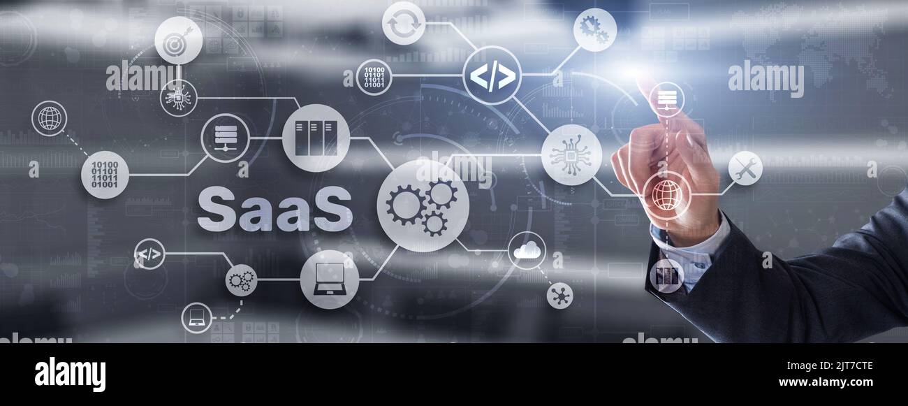 SaaS Software as a Service concept with man hand pressing text Stock Photo - Alamy