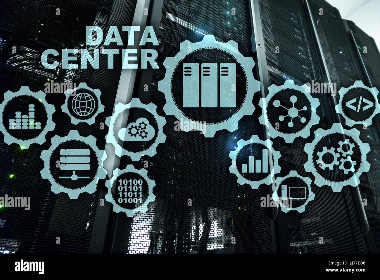 Data Center of the Future on a virtual screen. Business information ...