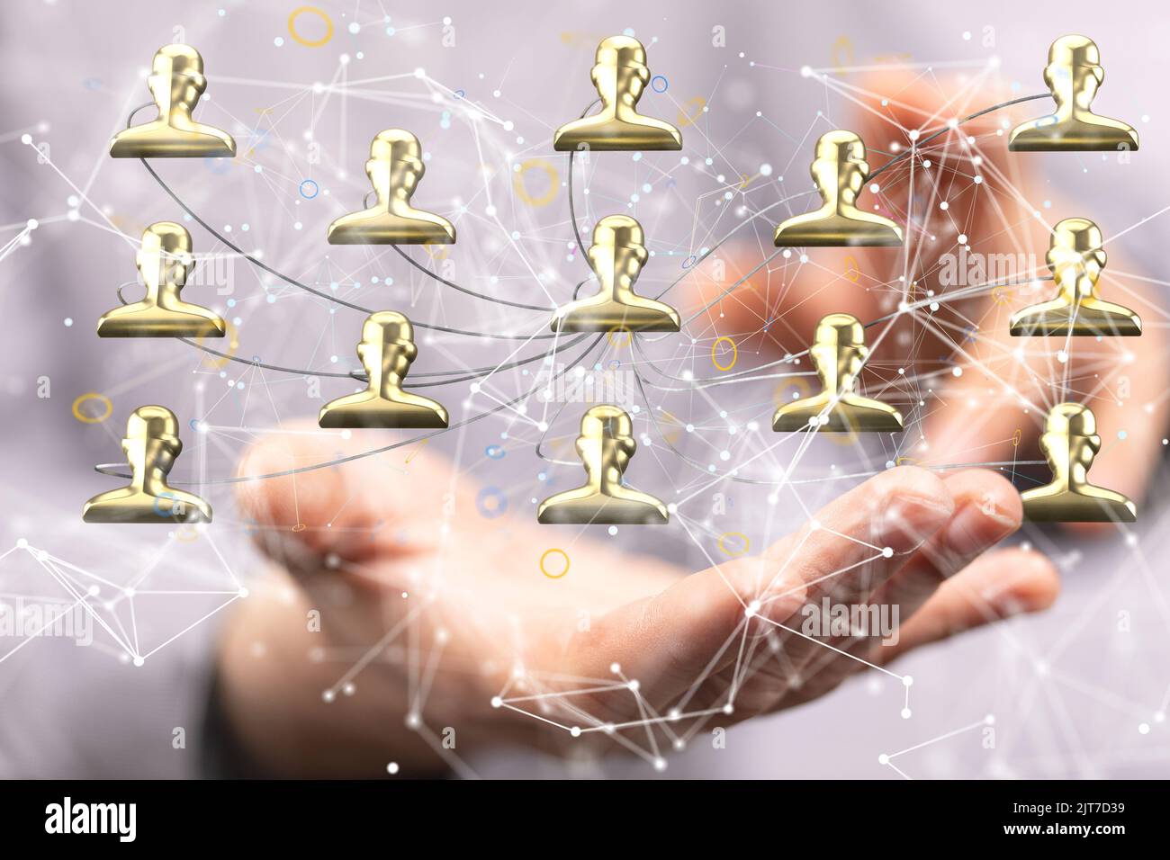 The stack of golden social media follower icons flying over the palm of ...