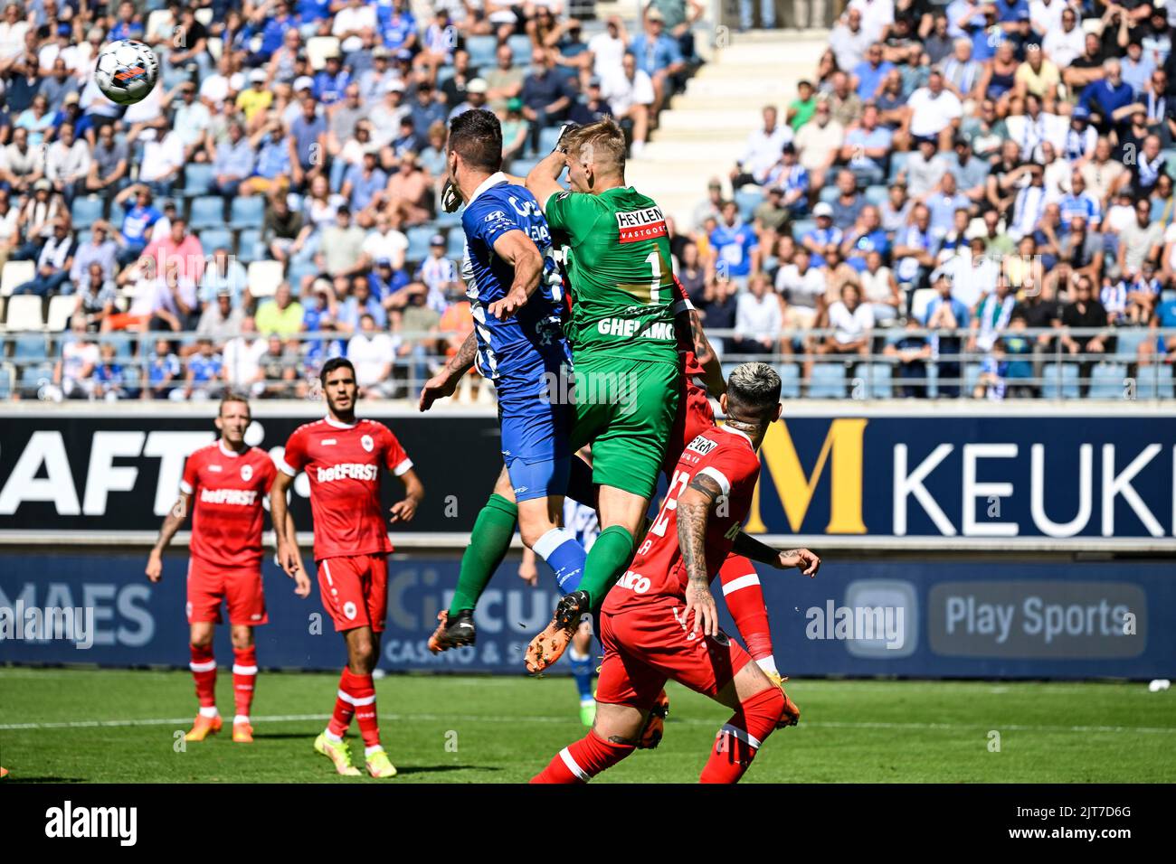 Gent, Belgium. 28th Aug, 2022. Gent's Darko Lemajic and Antwerp's ...