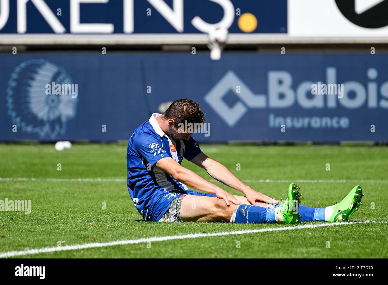 Gent, Belgium. 28th Aug, 2022. Gent's Hugo Cuypers shows defeat during a soccer match between ...