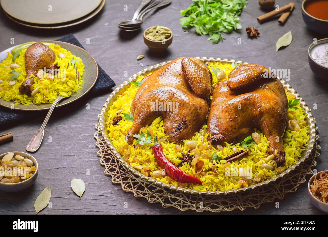 Arabic cuisine; Chicken "Kabsa" or Chicken Beryani rice. Served with ...