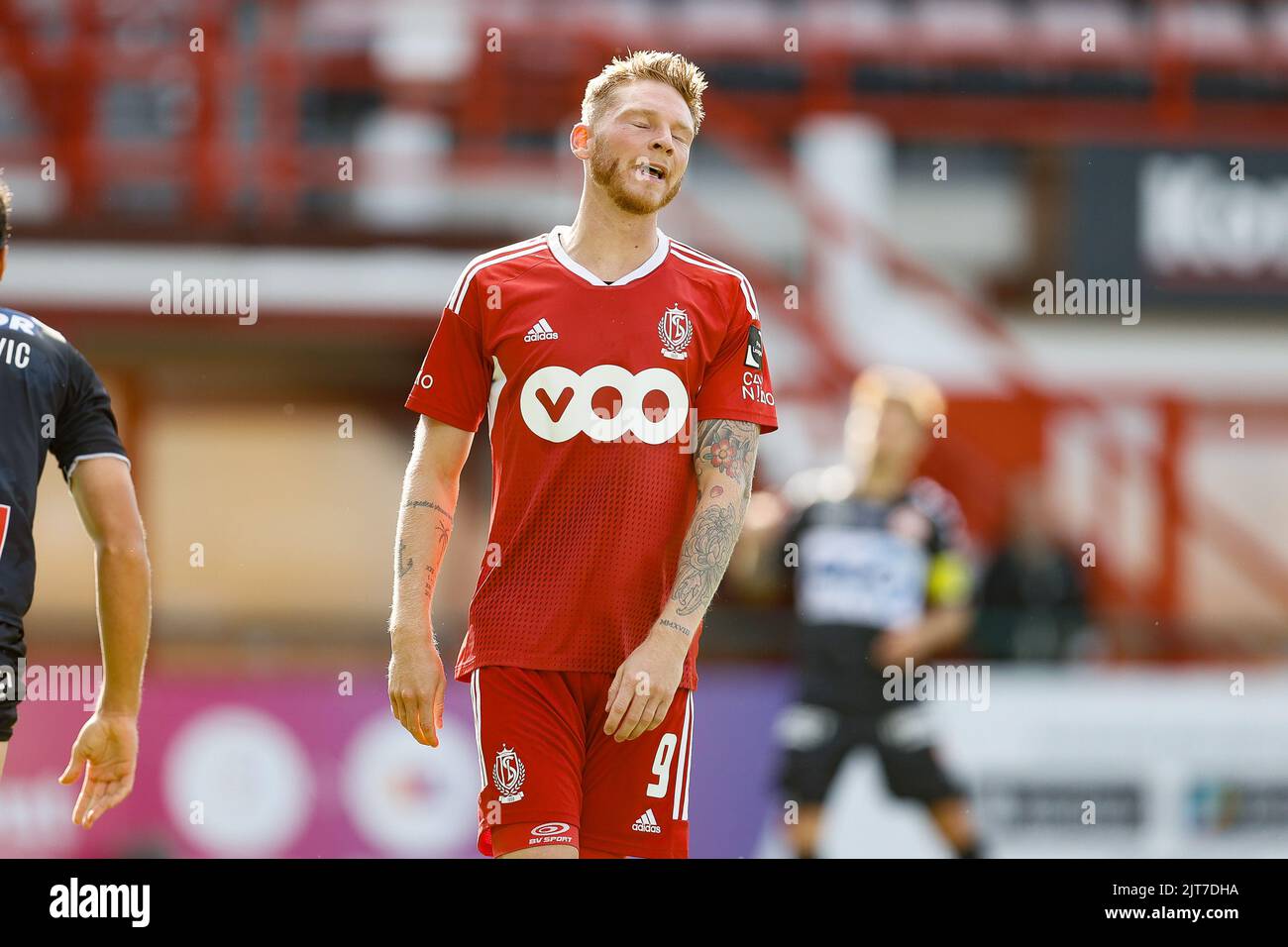 Kortrijk, Belgium. 28th Aug, 2022. Standard's Renaud Emond reacts ...