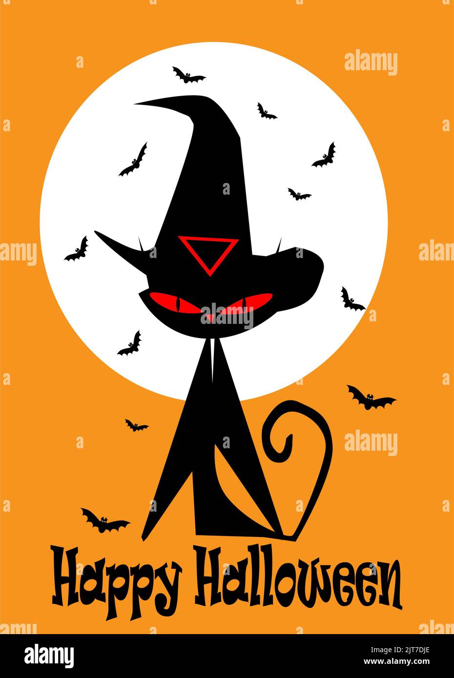 Black cat with witch hat, moonlight and Happy Halloween text, orange ...