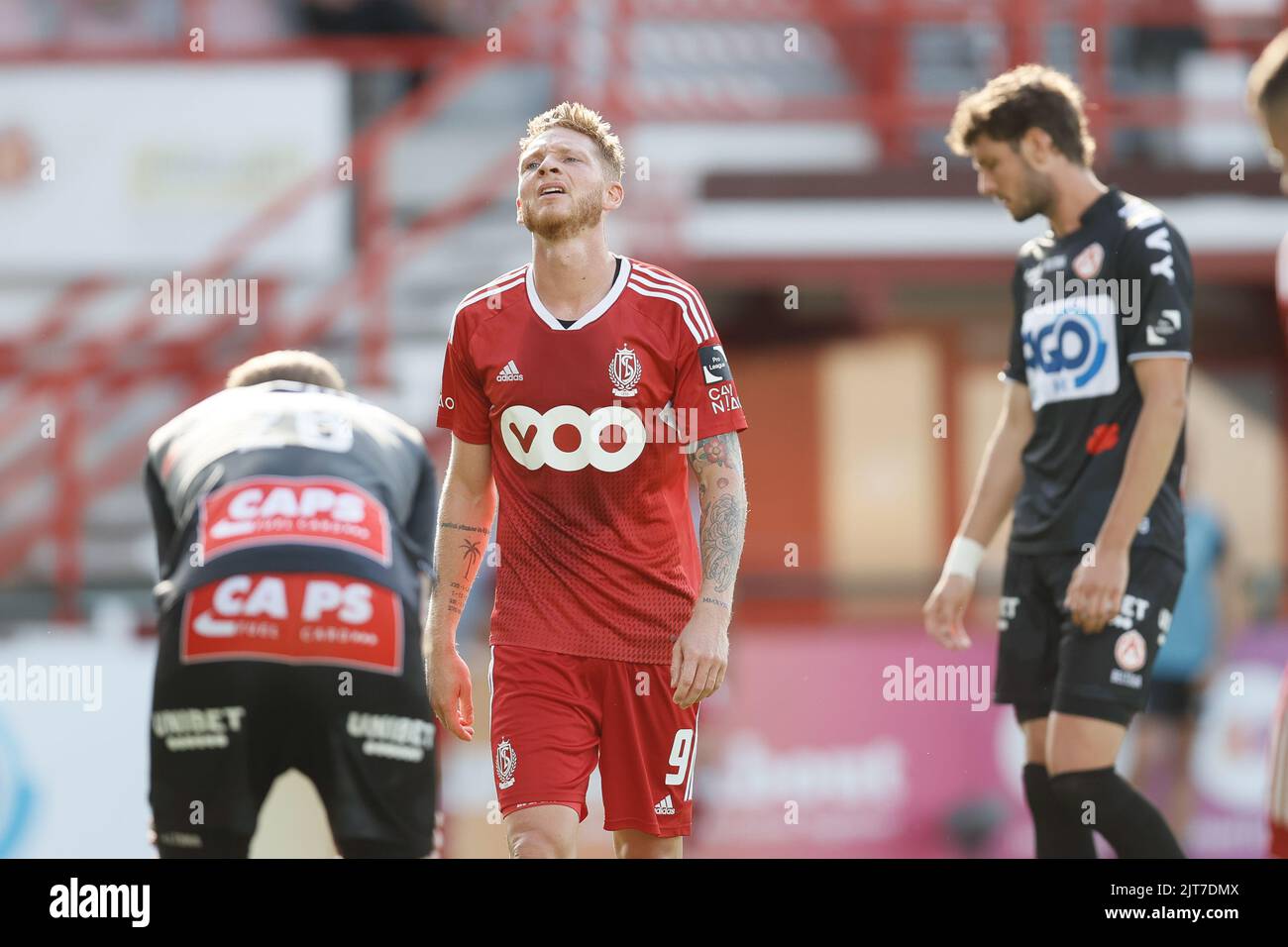 Kortrijk, Belgium. 28th Aug, 2022. Standard's Renaud Emond reacts ...