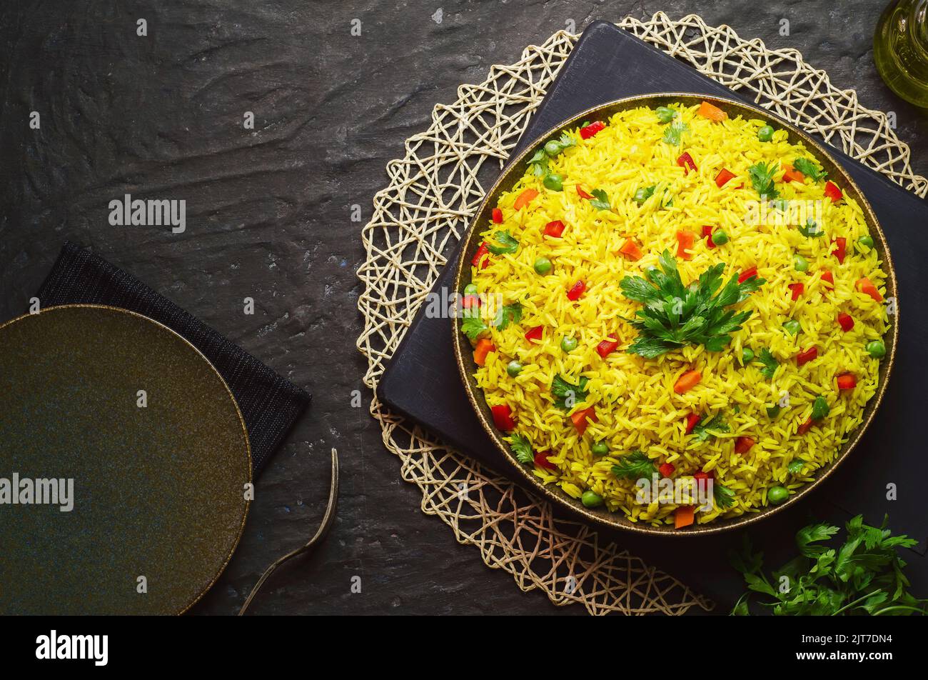 Arabic cuisine; Traditional Arabic Basmati rice with vegetables. Close ...