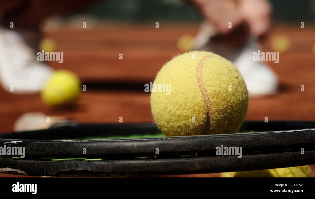 Yellow tennis ball on a tennis racket Stock Photo - Alamy