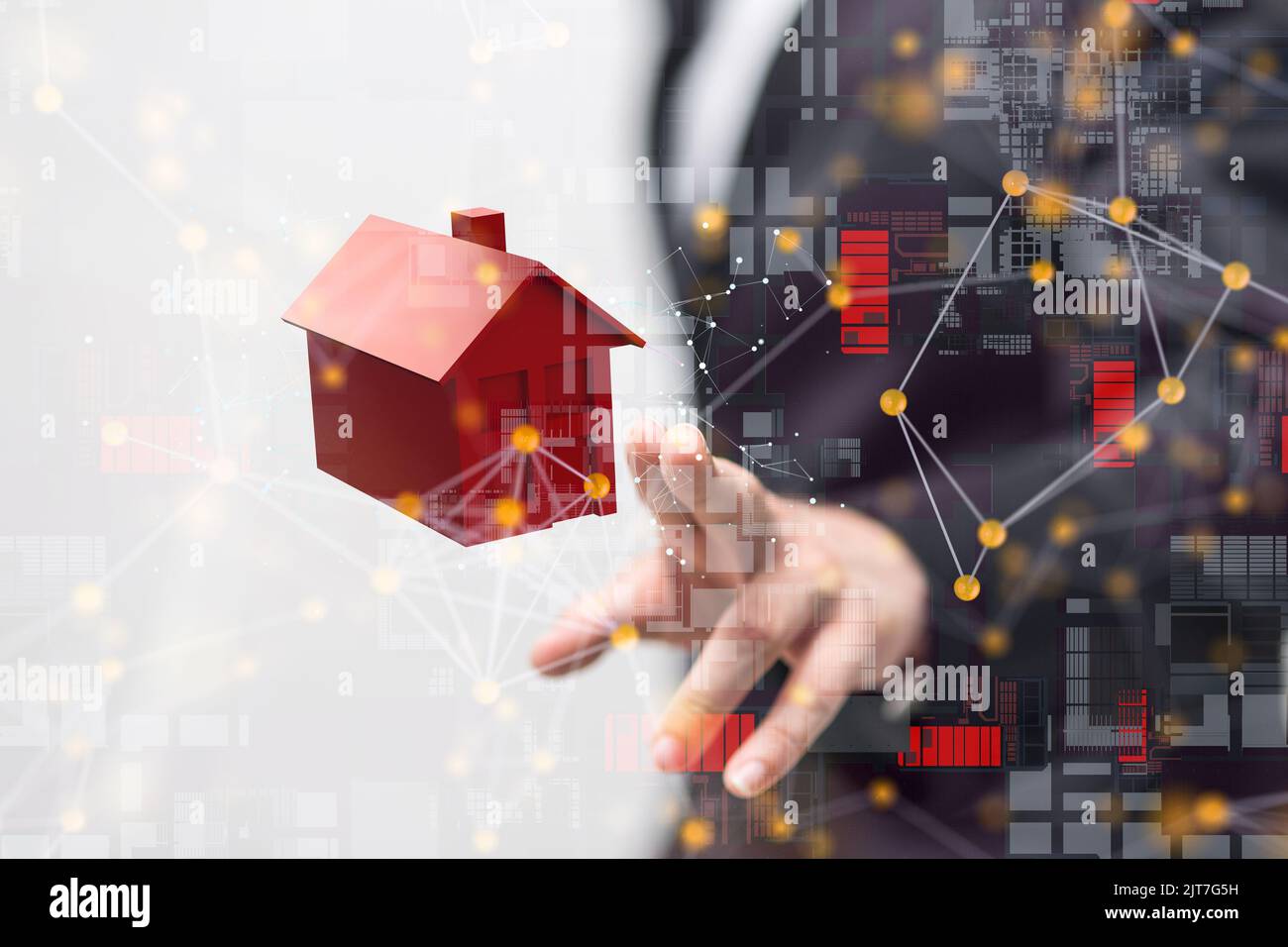 The man trying to touch the home icon surrounded by digital particles ...
