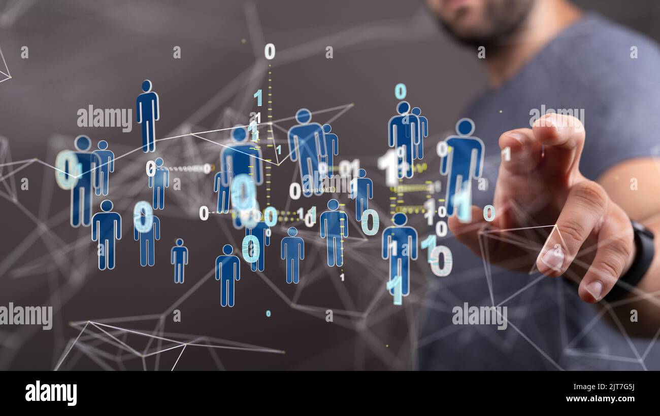 The hand trying to reach into the network with people icons with ...