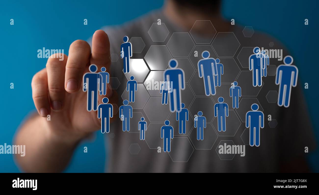 The hand is choosing people icons flying before the web - global chain ...