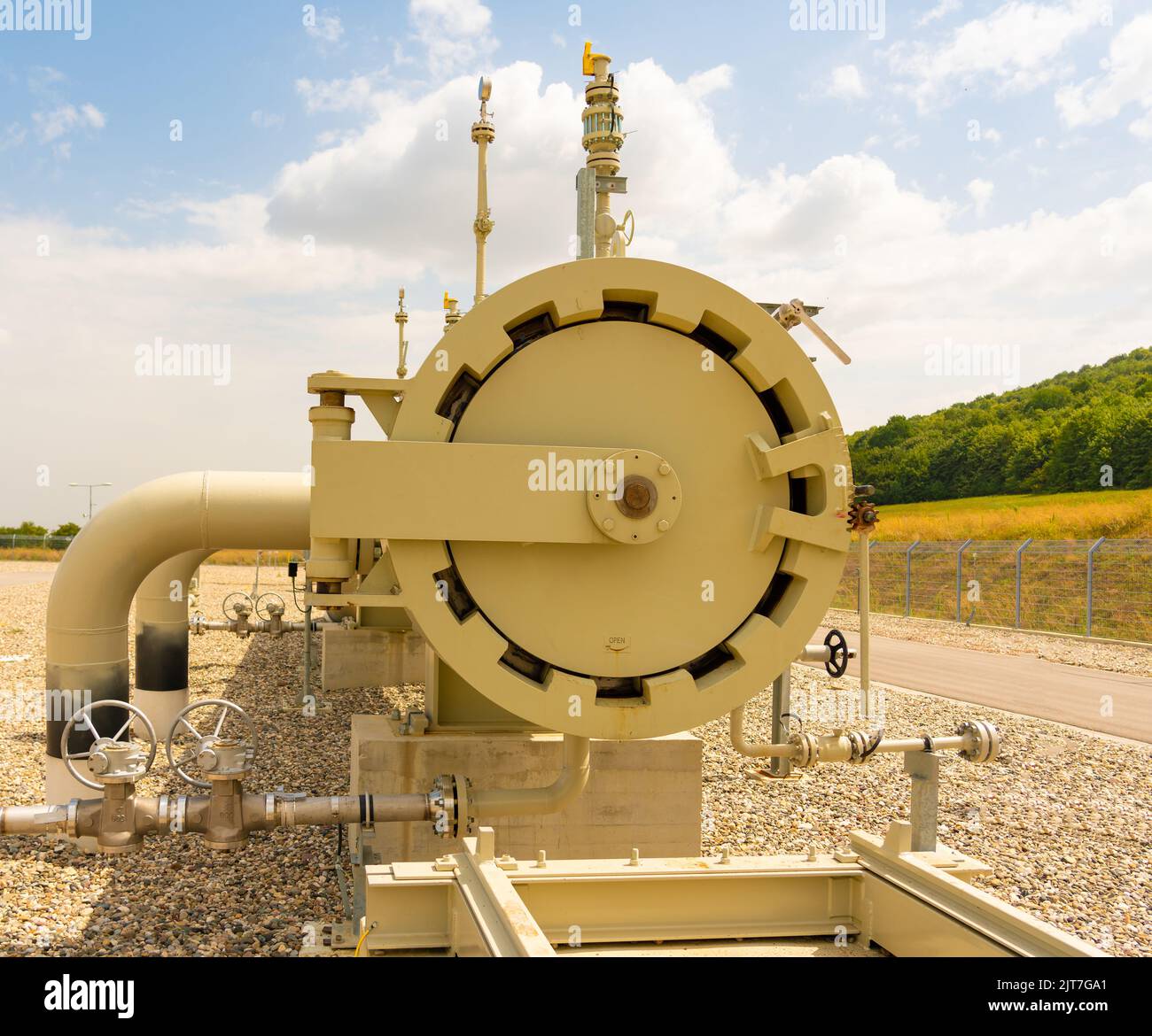 Gas pipeline piston launch chamber, frontal view of the locking ...