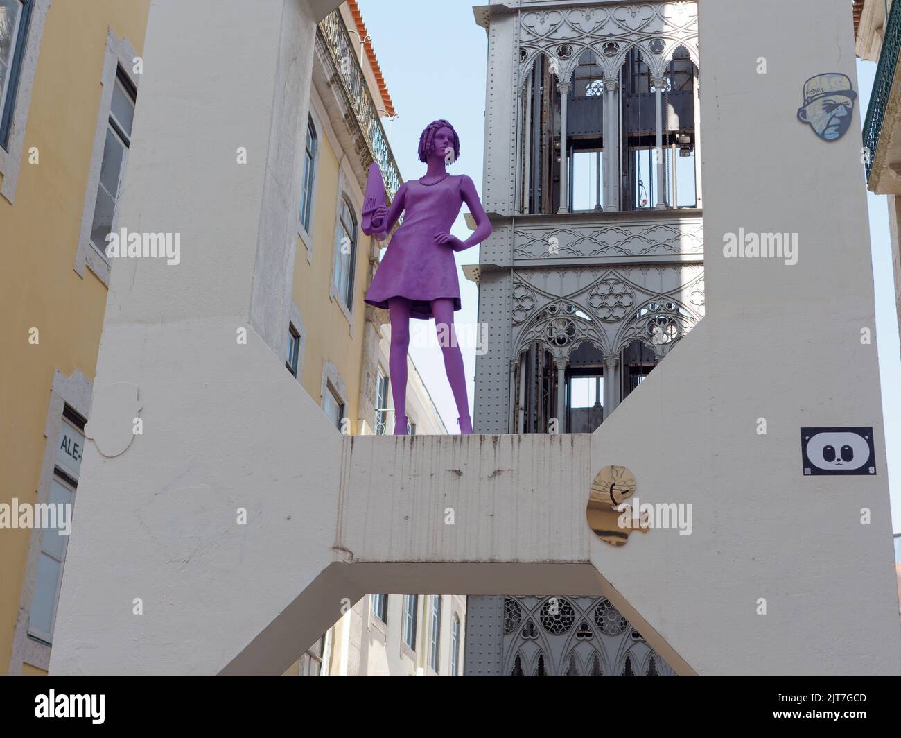 Purple statue Sofia by artist Superlinox, in front of the Santa Justa ...