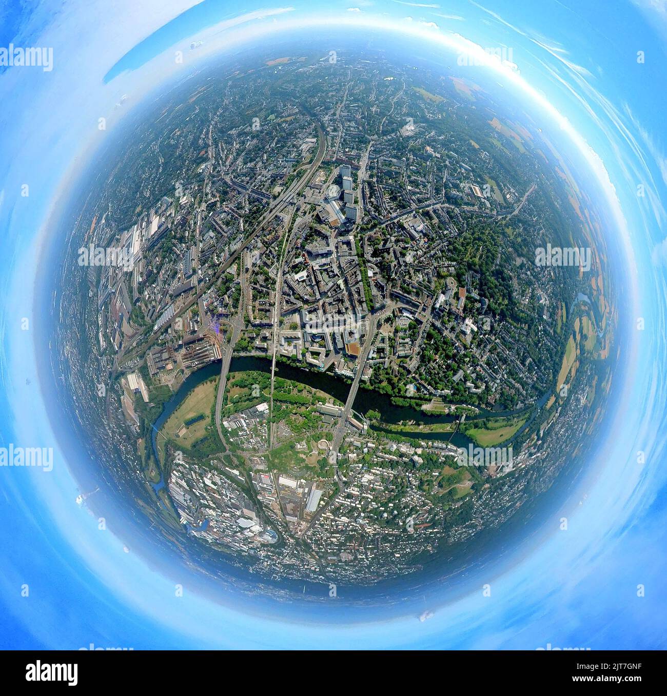 Aerial view, city with castle Broich at the river Ruhr, Ruhr lock and ...