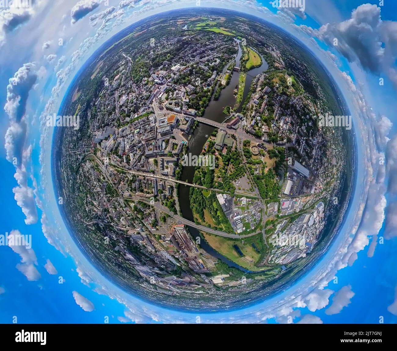 Aerial view, city with castle Broich at the river Ruhr, Ruhr lock and ...