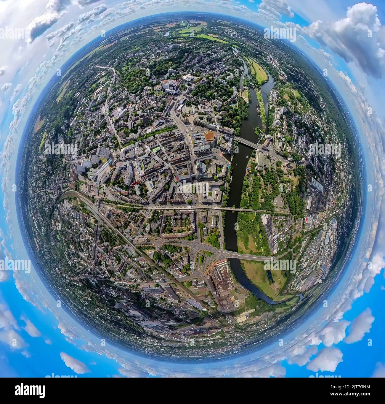Aerial view, city with castle Broich at the river Ruhr, Ruhr lock and ...