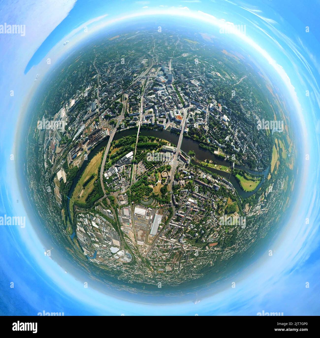 Aerial view, city with castle Broich at the river Ruhr, Ruhr lock and ...