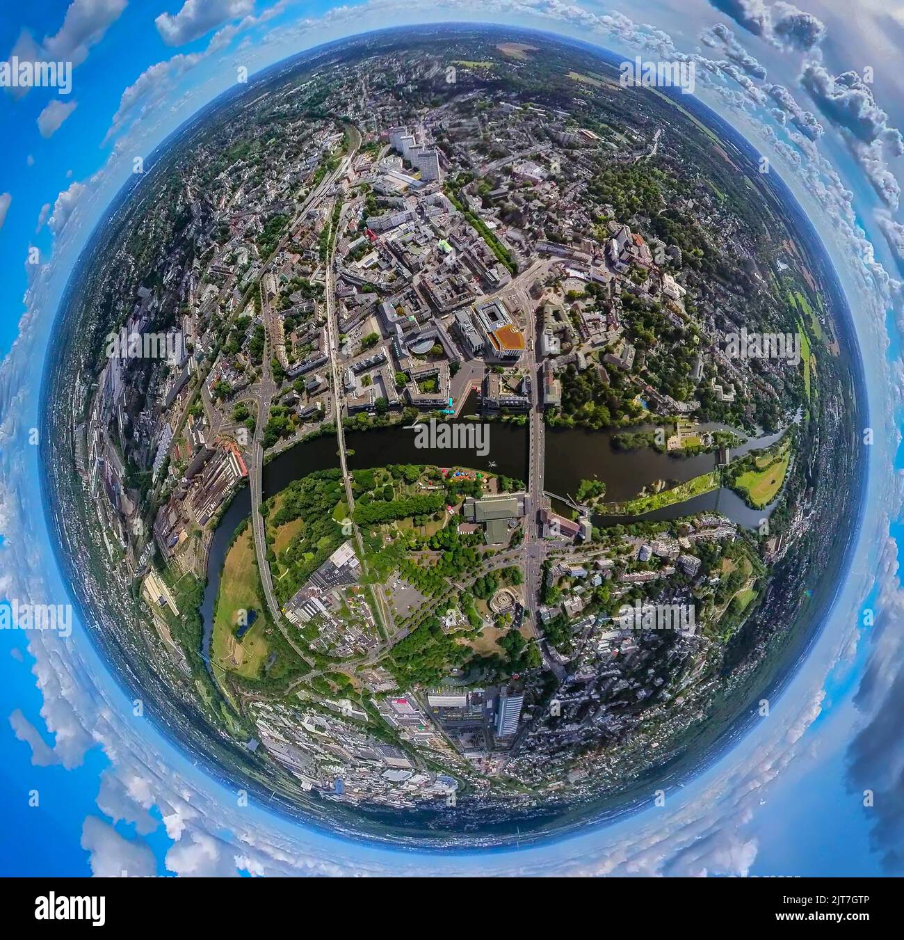 Aerial view, city with castle Broich at the river Ruhr, Ruhr lock and ...