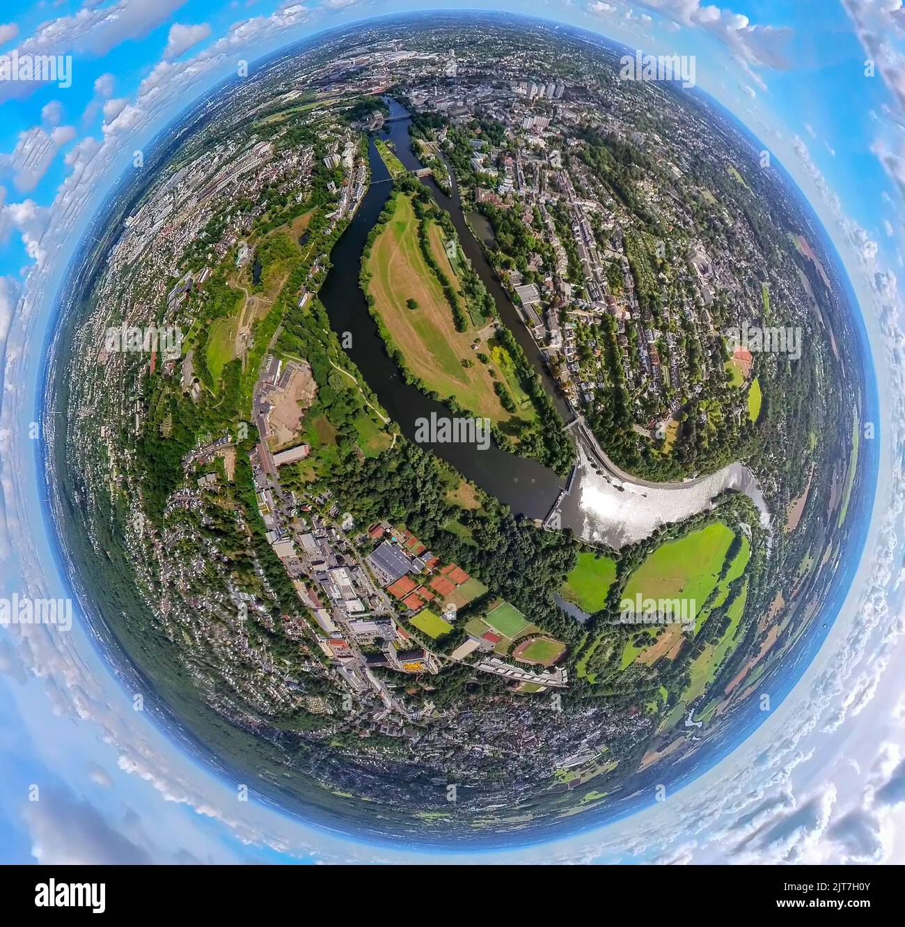 Aerial view, Ruhr island and Ruhr lock river Ruhr, fisheye shot, 360 ...