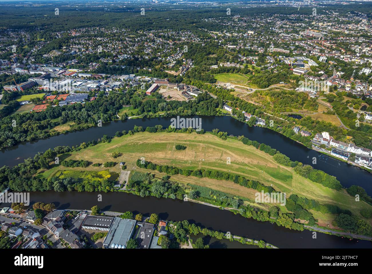 Aerial view, Ruhr island, opposite the old boiler house and chimney of ...