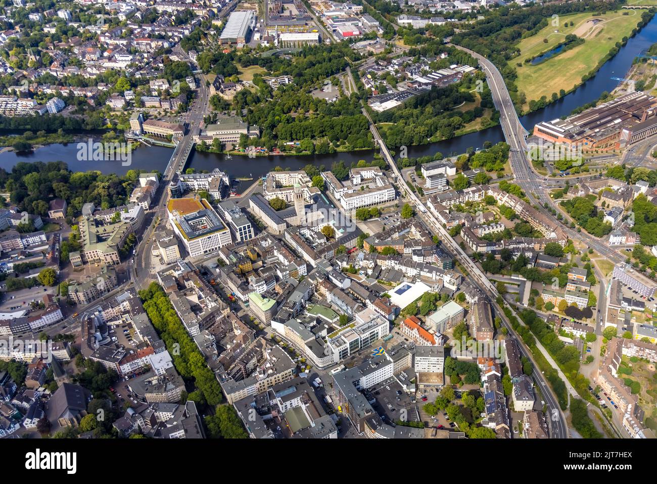 Aerial view, city hall and city hall tower, city with Schloßstraße ...