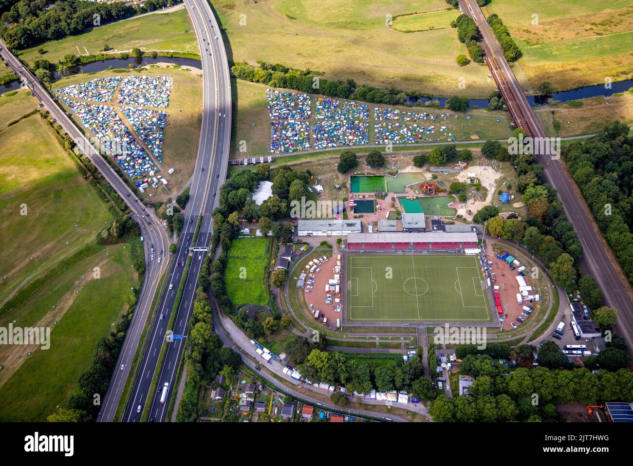 Aerial view, campground at the natural swimming pool Styrum and river ...