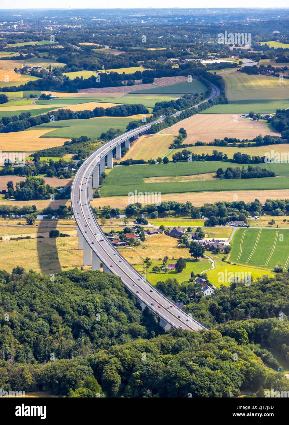 Aerial view, Mintarder Ruhrtalbrücke over Ruhr river, meadows and ...