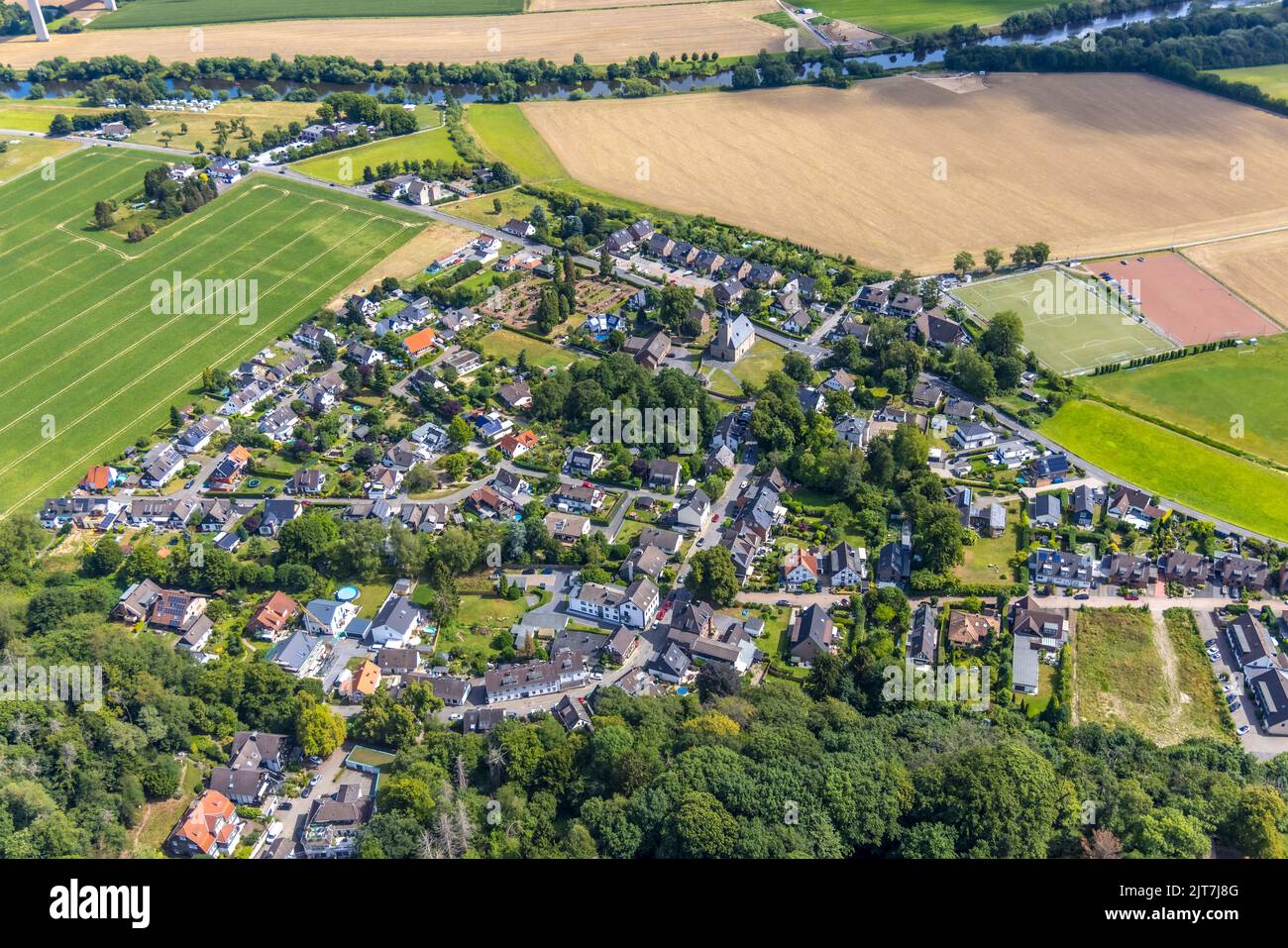 Aerial view, district Mintard and river Ruhr, Laurentius church Mintard ...
