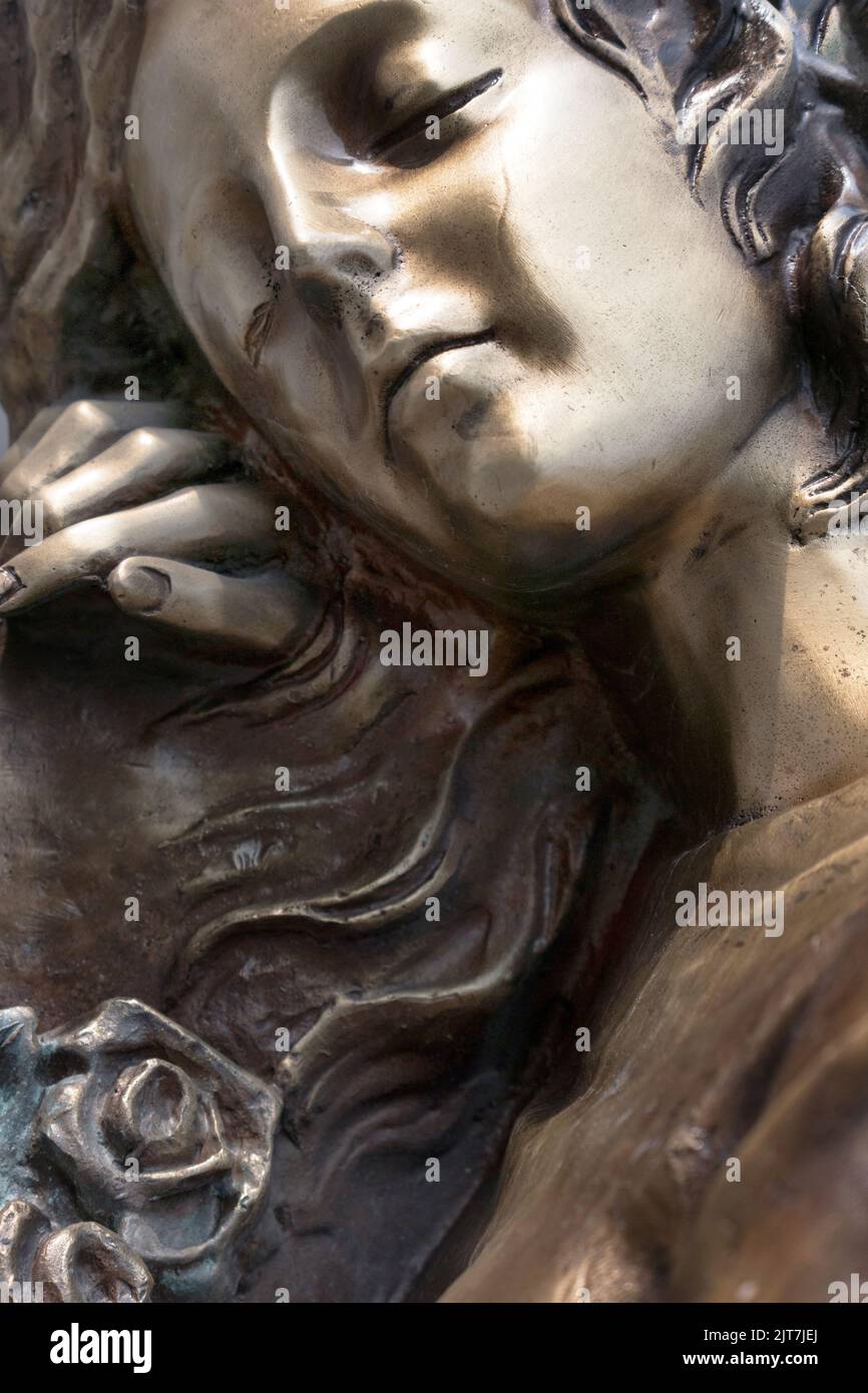 Vintage sculpture of sad woman in grief. Virgin Mary bronze statue ...