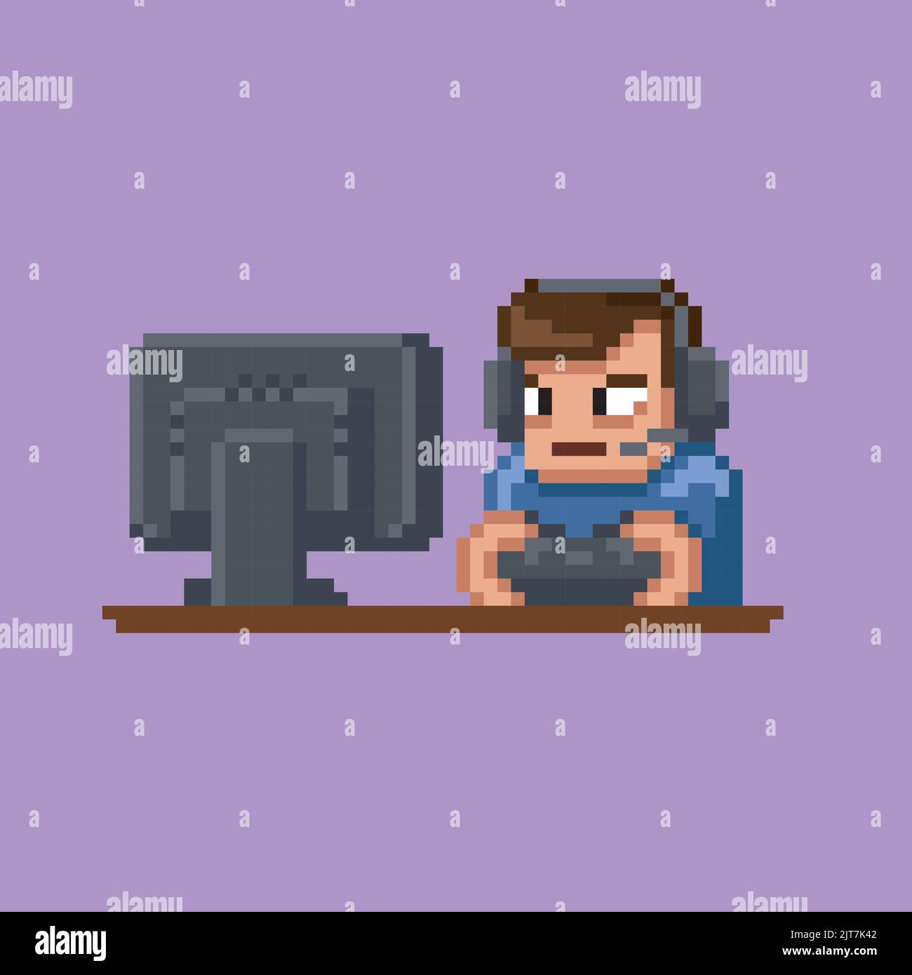 Pixel art streamer male character sitting in front of computer display ...