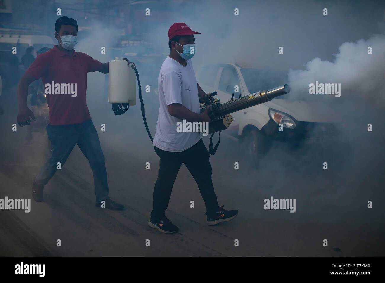 Lalitpur, Nepal. 28th Aug, 2022. A man fumigates the area to kill ...
