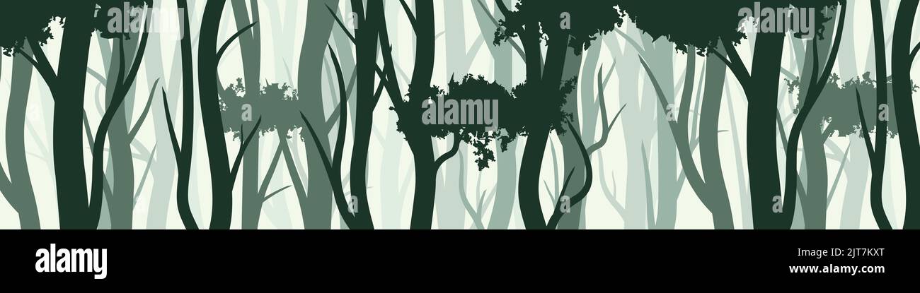 Wild forest with various coniferous or deciduous trees. Wide horizontal ...