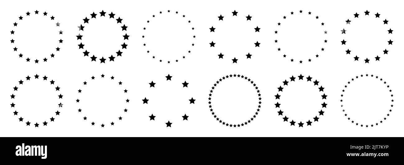 Stars of various sizes arranged in a circle. Round frame, border. Black ...