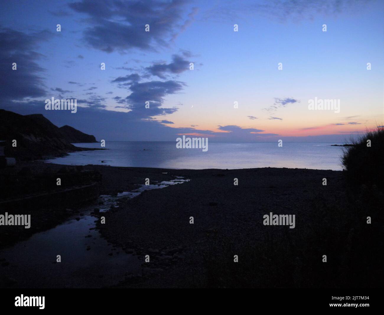 Crackington Haven Beach at Twilight with Crescent Moon, Cornwall, UK ...