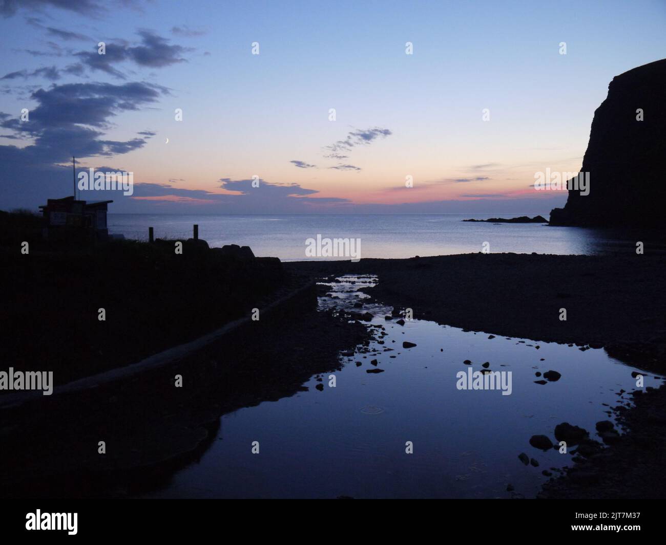 Crackington Haven Beach at Twilight with Crescent Moon, Cornwall, UK ...