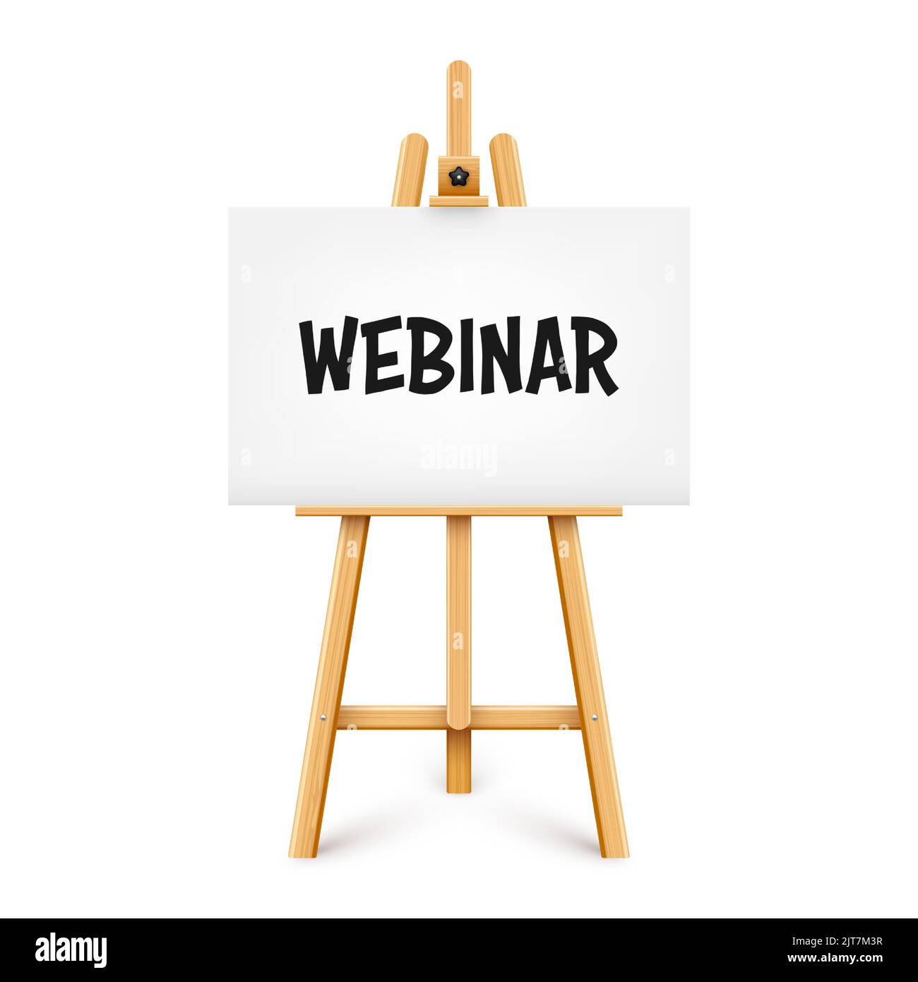 Realistic paint desk with text on white canvas. Wooden easel and a ...