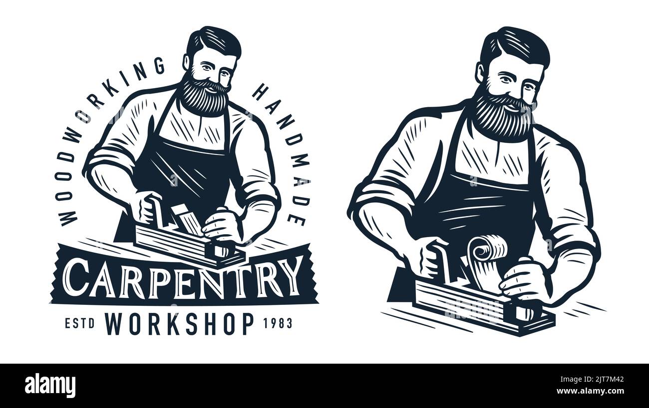 Carpenter with planing tool, carpentry work on wood emblem. Joinery ...