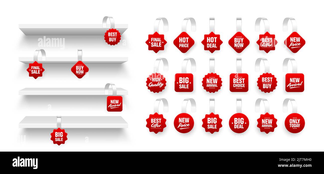 Store shelves with supermarket promotional wobblers. Product shelf and ...