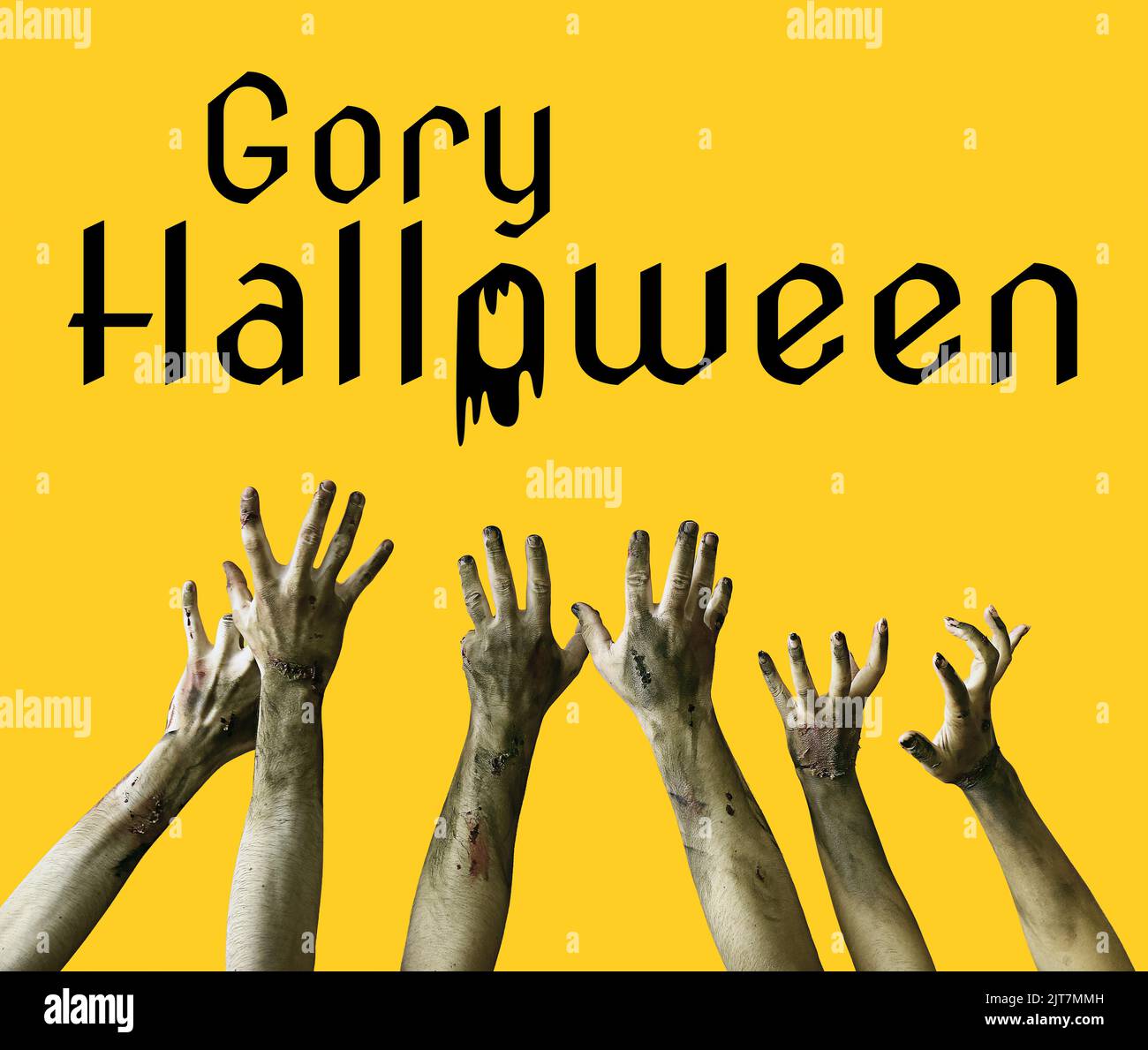 Hands of zombies and text GORY HALLOWEEN on yellow background Stock ...